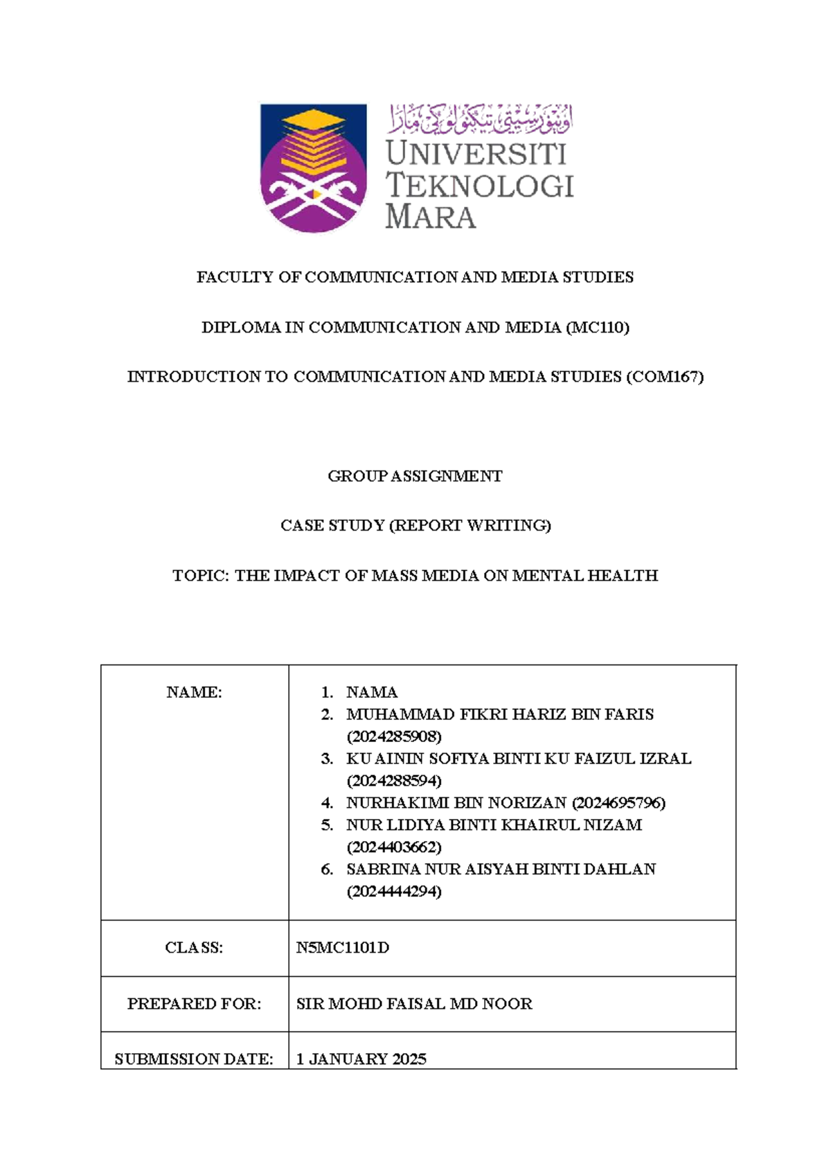 COM167 Group Assignment Case Study: Mass Media's Impact on Mental ...