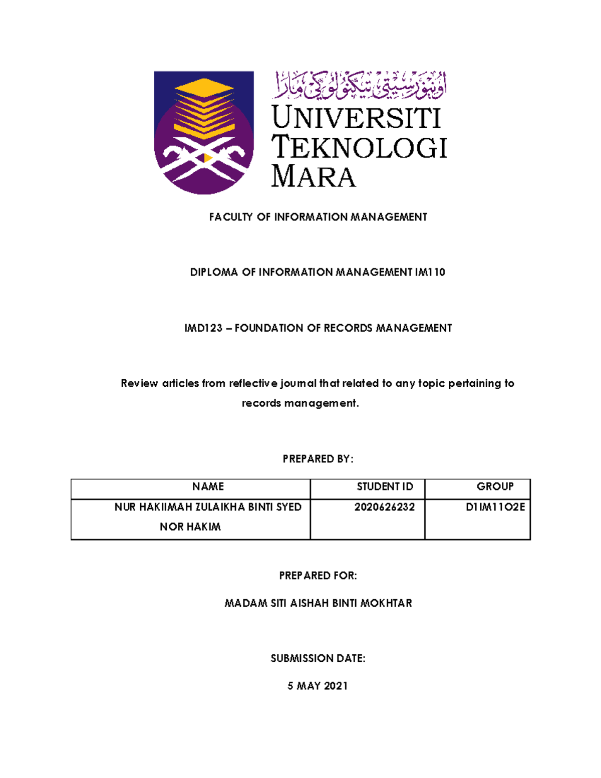 Review Article PDF - assignment report - FACULTY OF INFORMATION ...