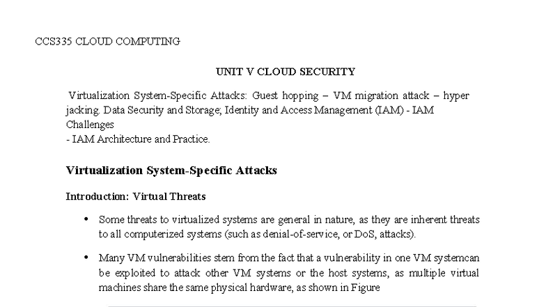 CCS335 CLOUD COMPUTING UNIT V: Cloud Security & Virtualization Attacks - Studocu