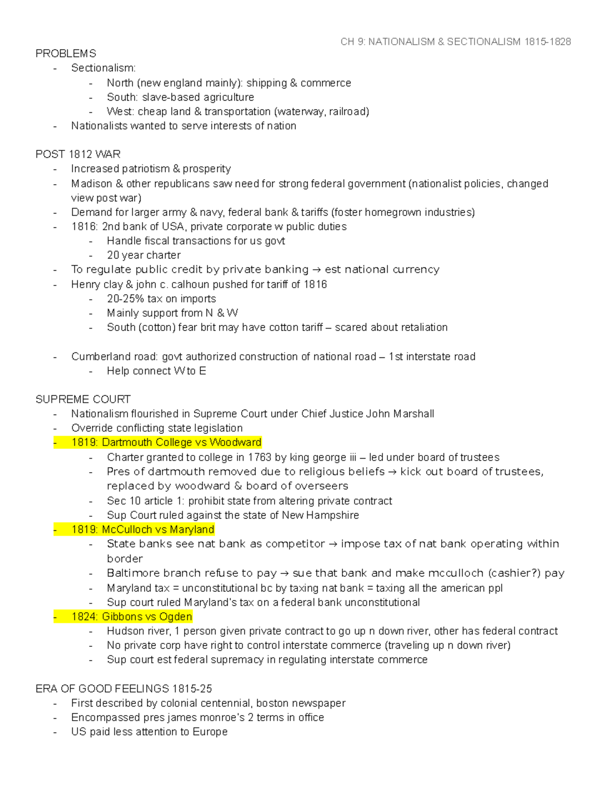 Ch 9 Nationalism and Sectionalism 1815-1828 Overview and Insights - Studocu