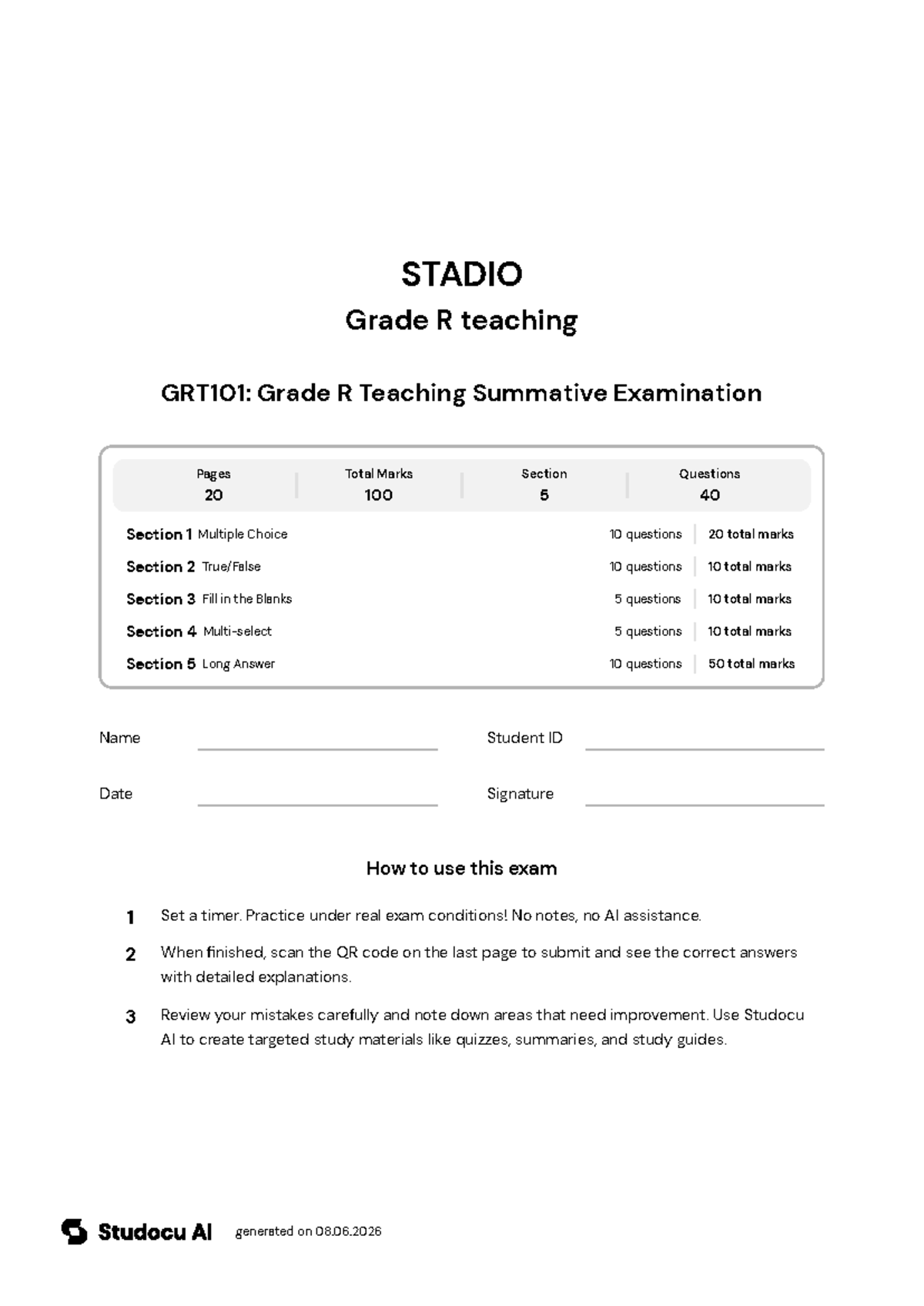 GRT101: Grade R Teaching Summative Exam - Studocu