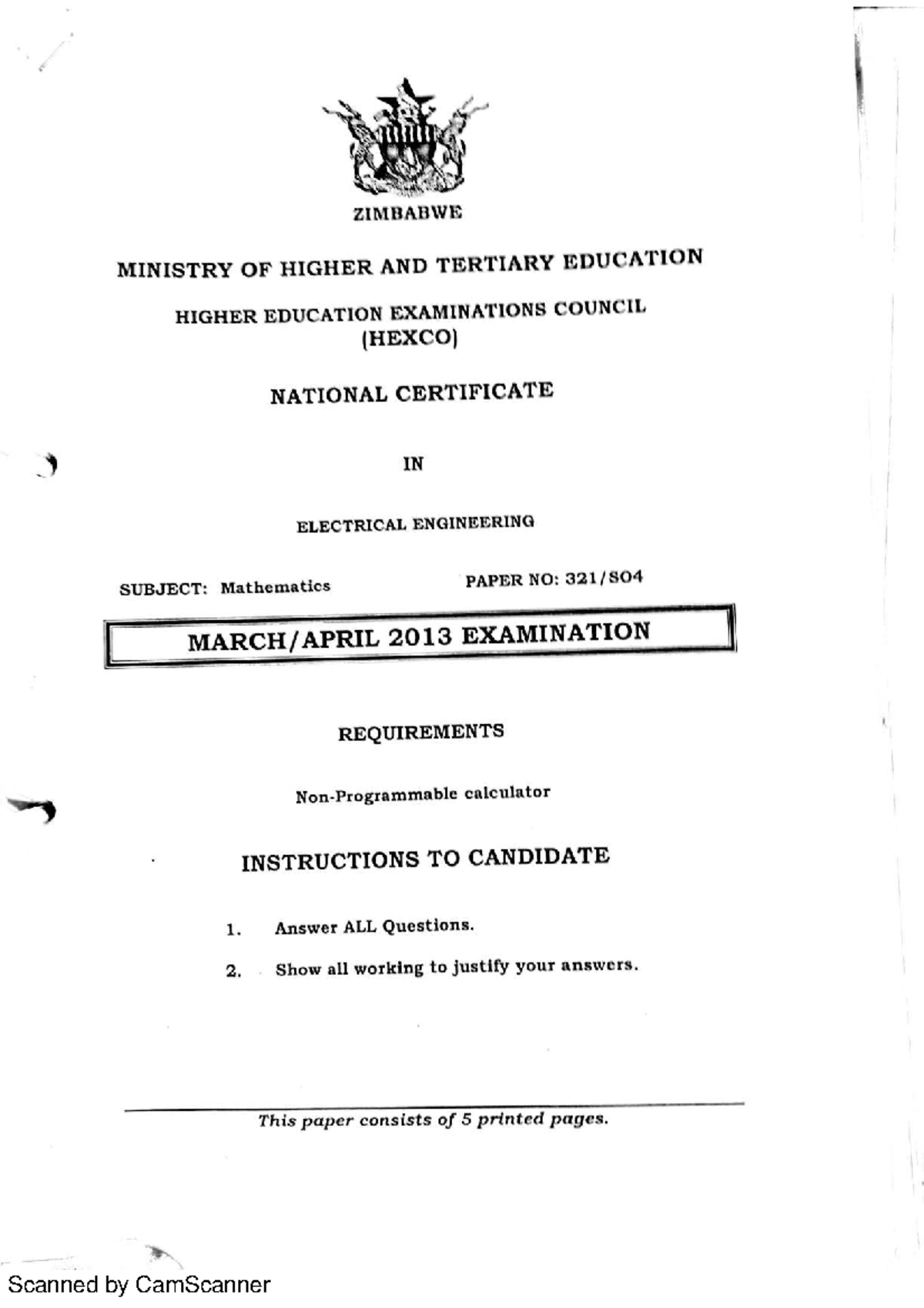 Mathematics National Certificate Exam Paper No: 2013 - ZIMBABWE HEXCO ...