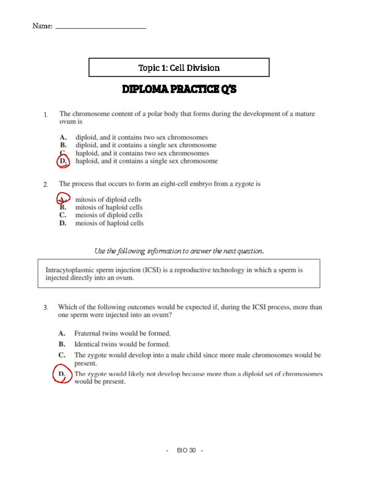 Diploma Practice 1: Cell Division & Genetics Review BIO30 - Studocu