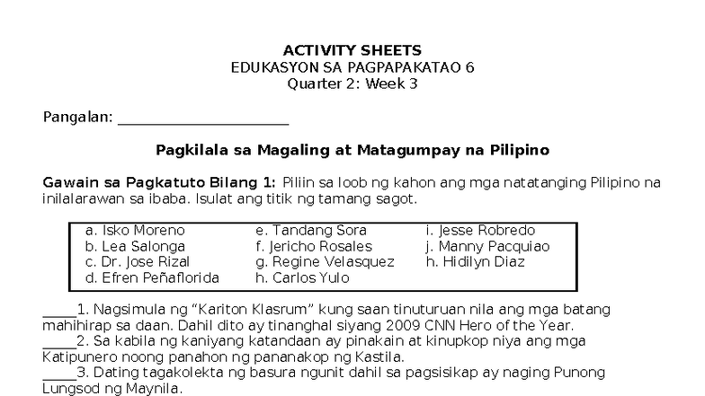 ESP 6 Activity Sheet Q2 W3: Kilalanin ang mga Natatanging Pilipino ...