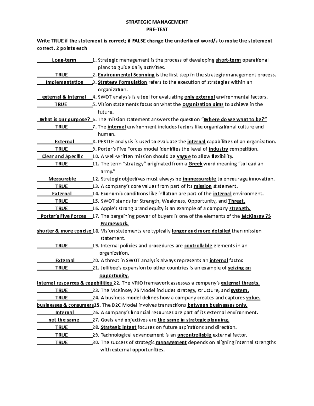 Strategic Management Quiz: True/False & Multiple Choice Questions - Studocu