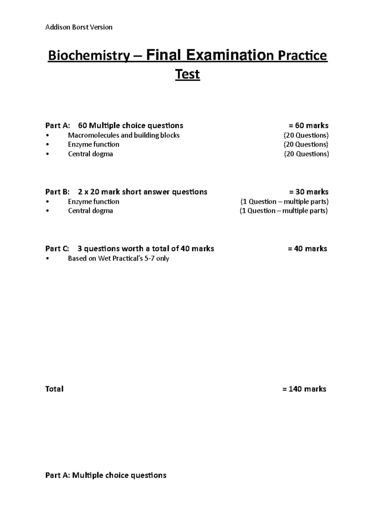 Biochemistry Final Examination Practice Test exam - Biochemistry ...