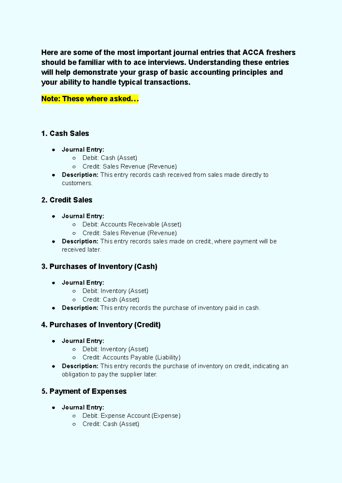 ACCA Journal Entries: Key Concepts for Interview Success - Studocu