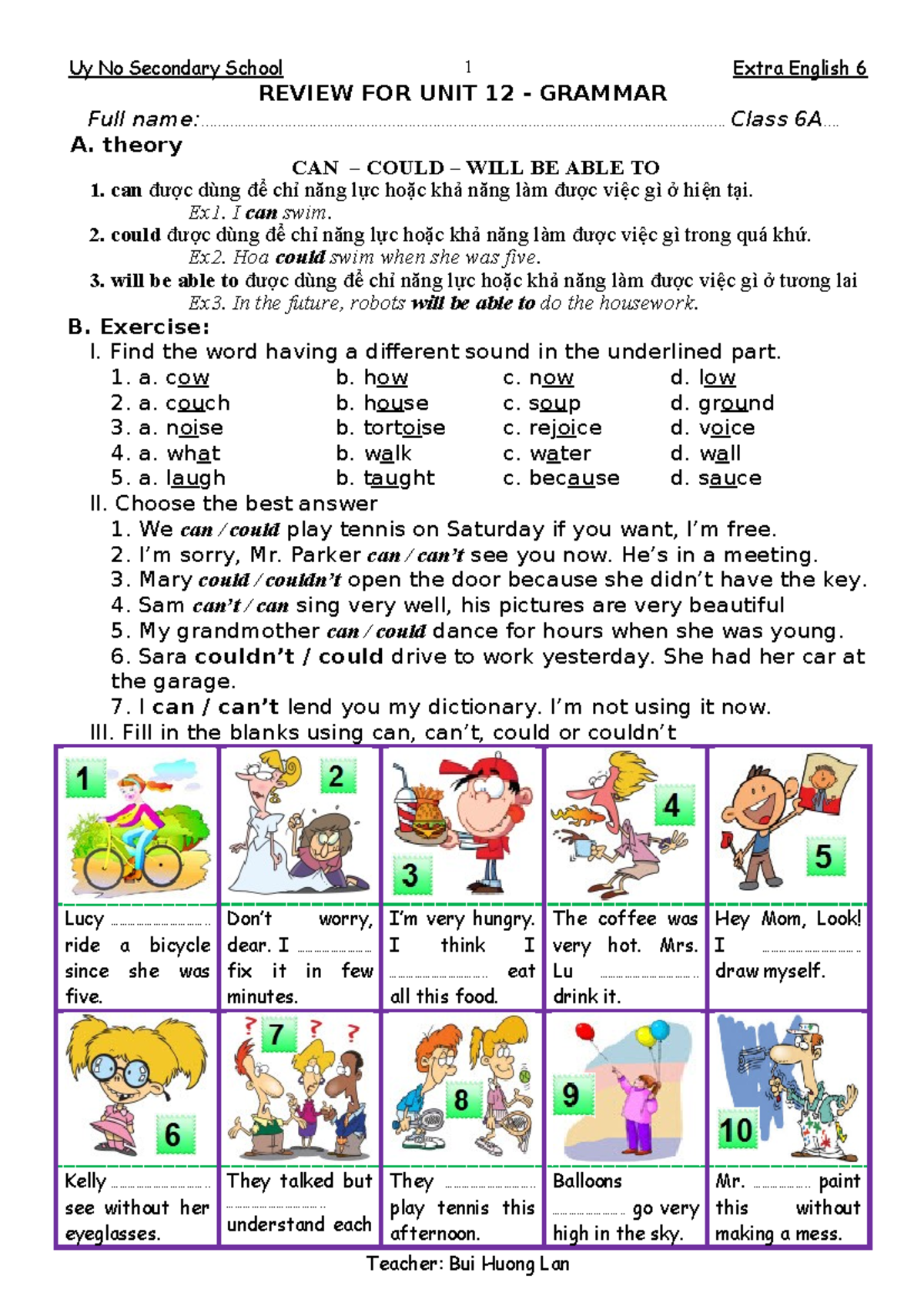 E6 - Review for Unit 12 Grammar: Can, Could, Will Be Able To - Studocu