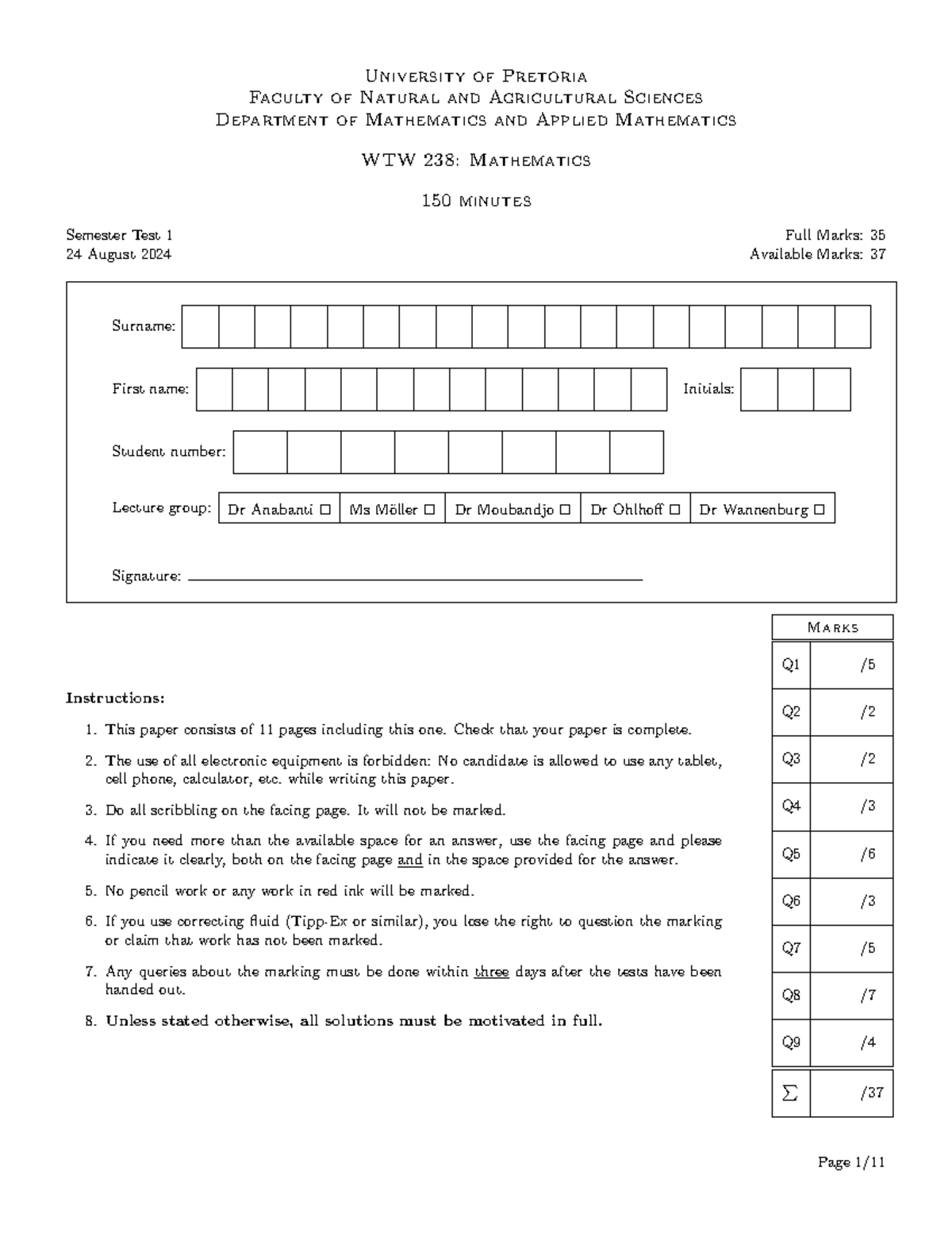 WTW 238 Semester Test 1 Memo - Mathematics 2024 - Studocu