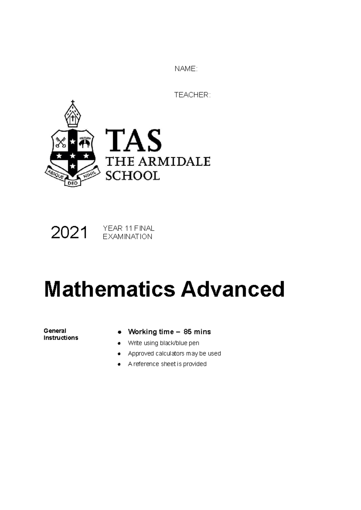 Year 11 Advanced Maths Final Exam 2021 Questions and Solutions - Studocu