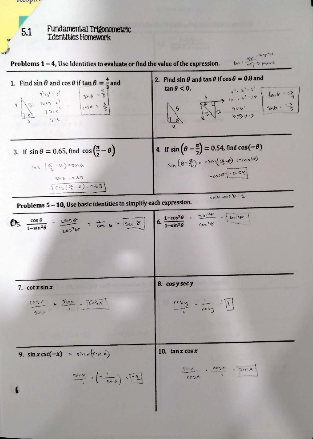 5.1 Fundamental Trigonometric Identities Homework - 5. Problems 1-4 ...