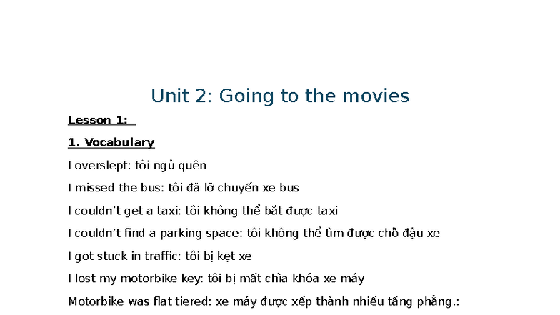 Unit 2: Going to the Movies - Vocabulary & Usage Lessons - Studocu