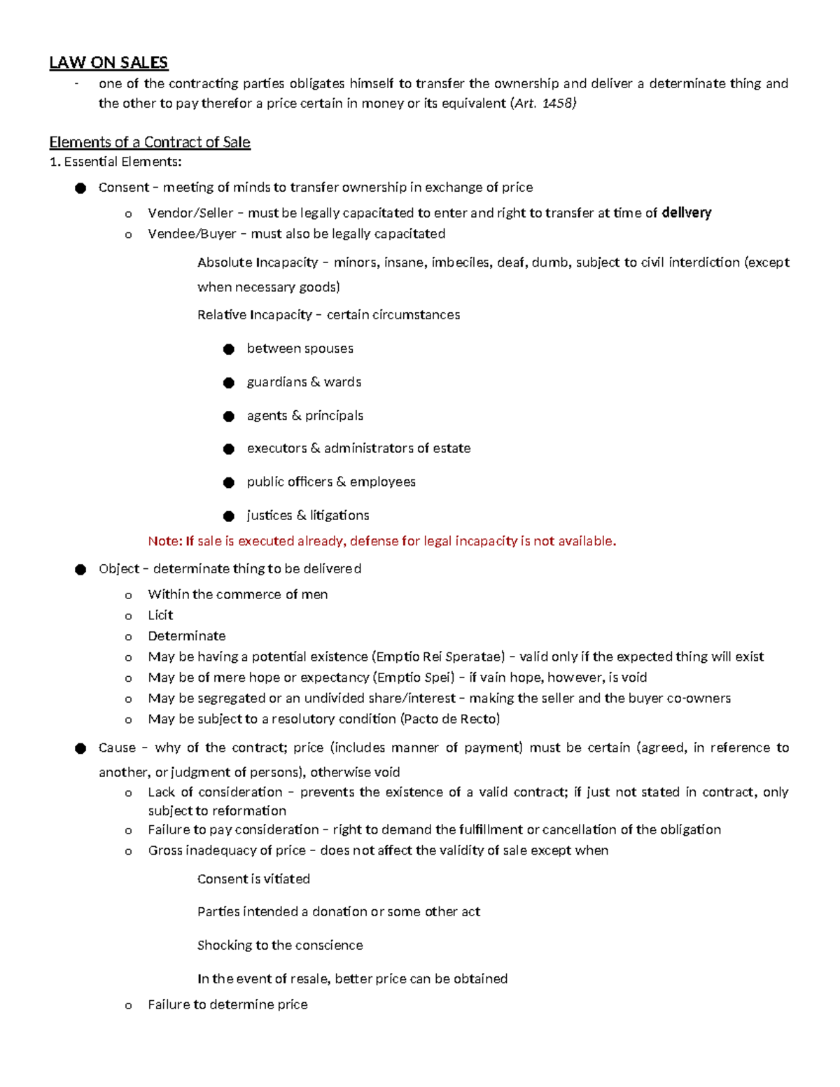 LAW ON SALES: Essential Elements and Key Concepts Summary - Studocu