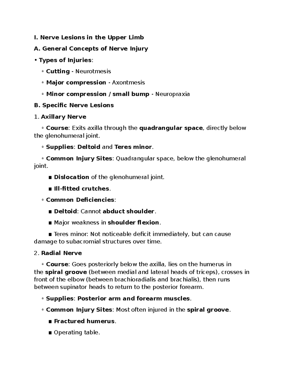 Nerve Lesions and Muscle Anatomy in Upper Limb: Review Notes (ANAT 101 ...
