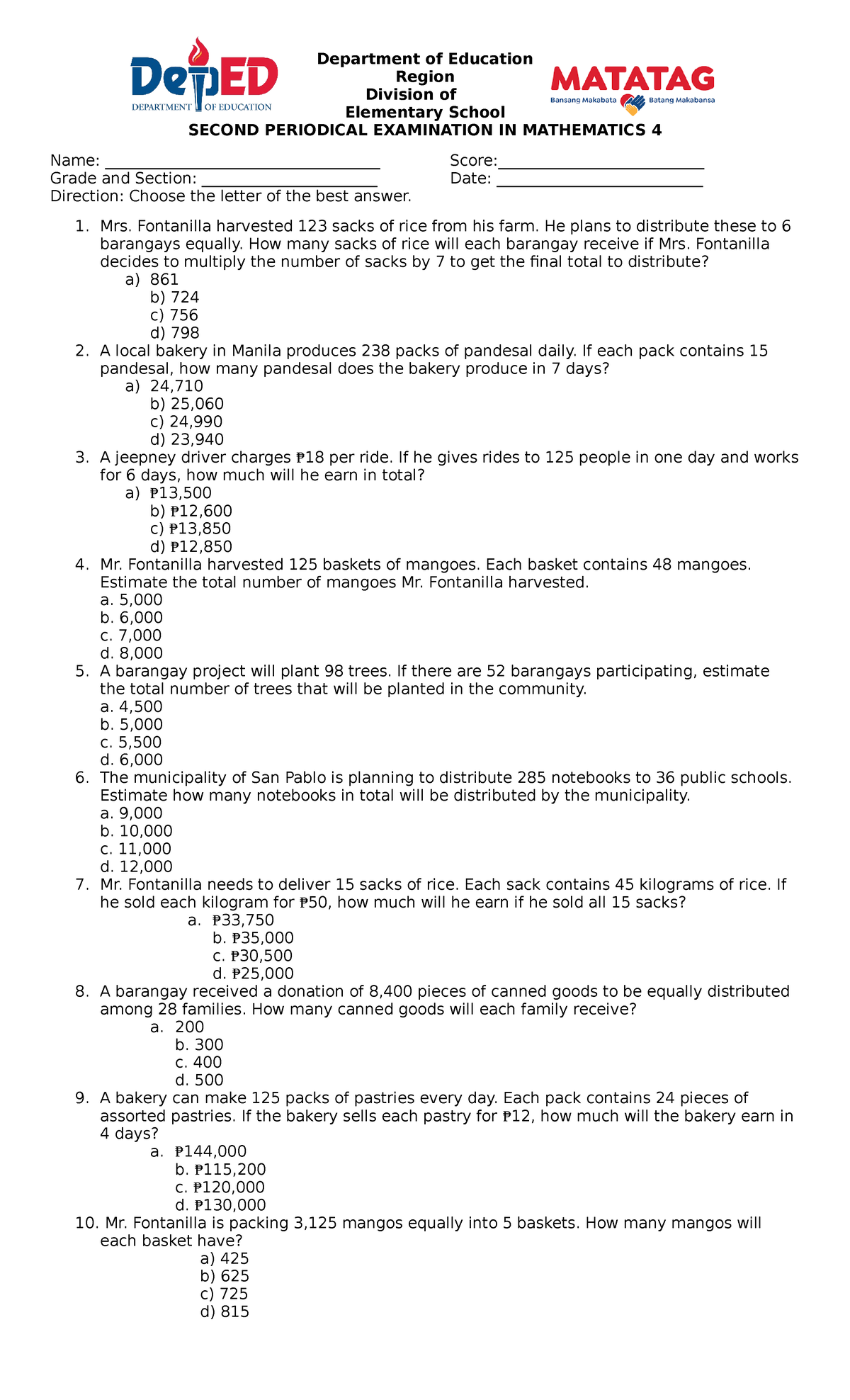 Mathematics 4 Second Periodical Test: Q2 Review Questions & Answers ...