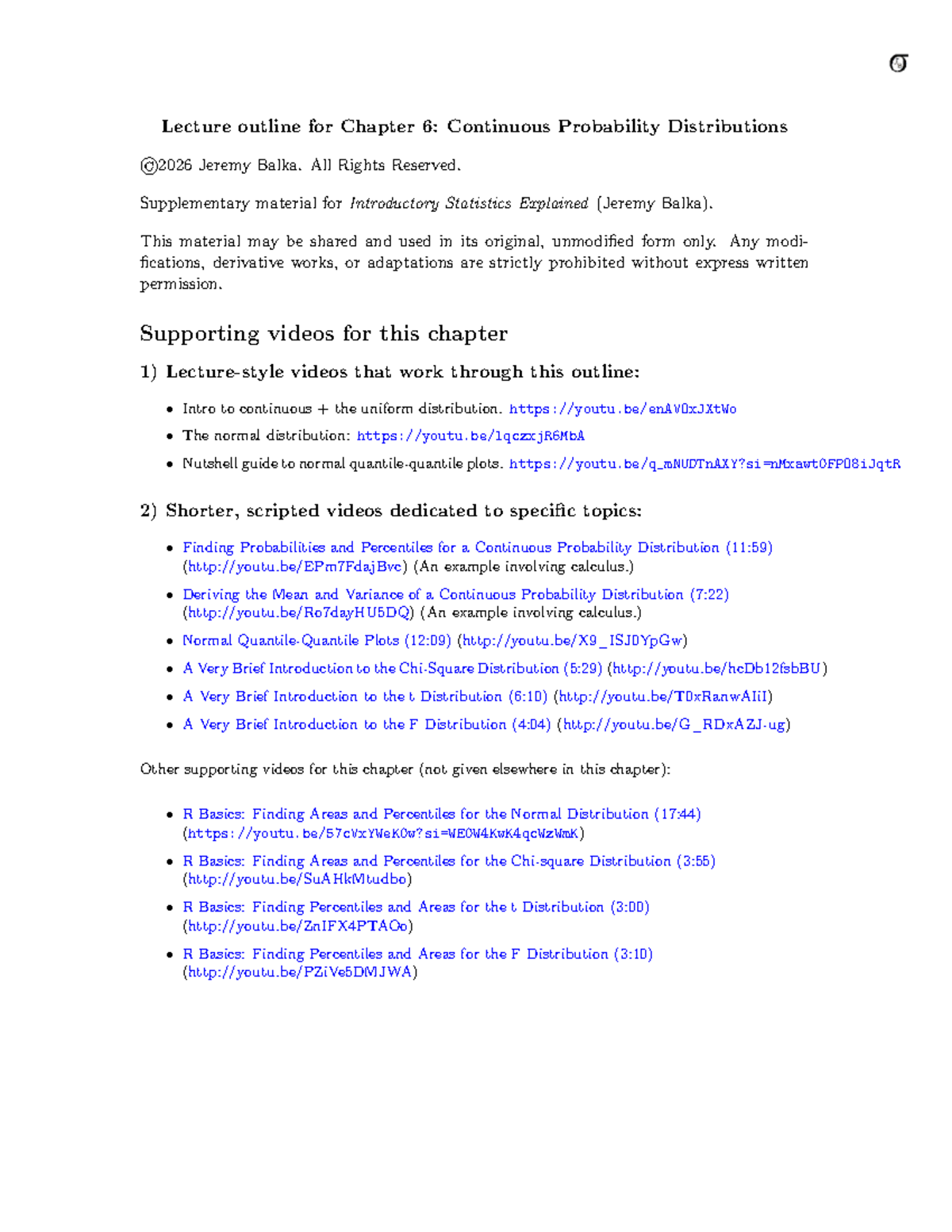 Lecture Outline for Chapter 6: Continuous Probability Distributions ...