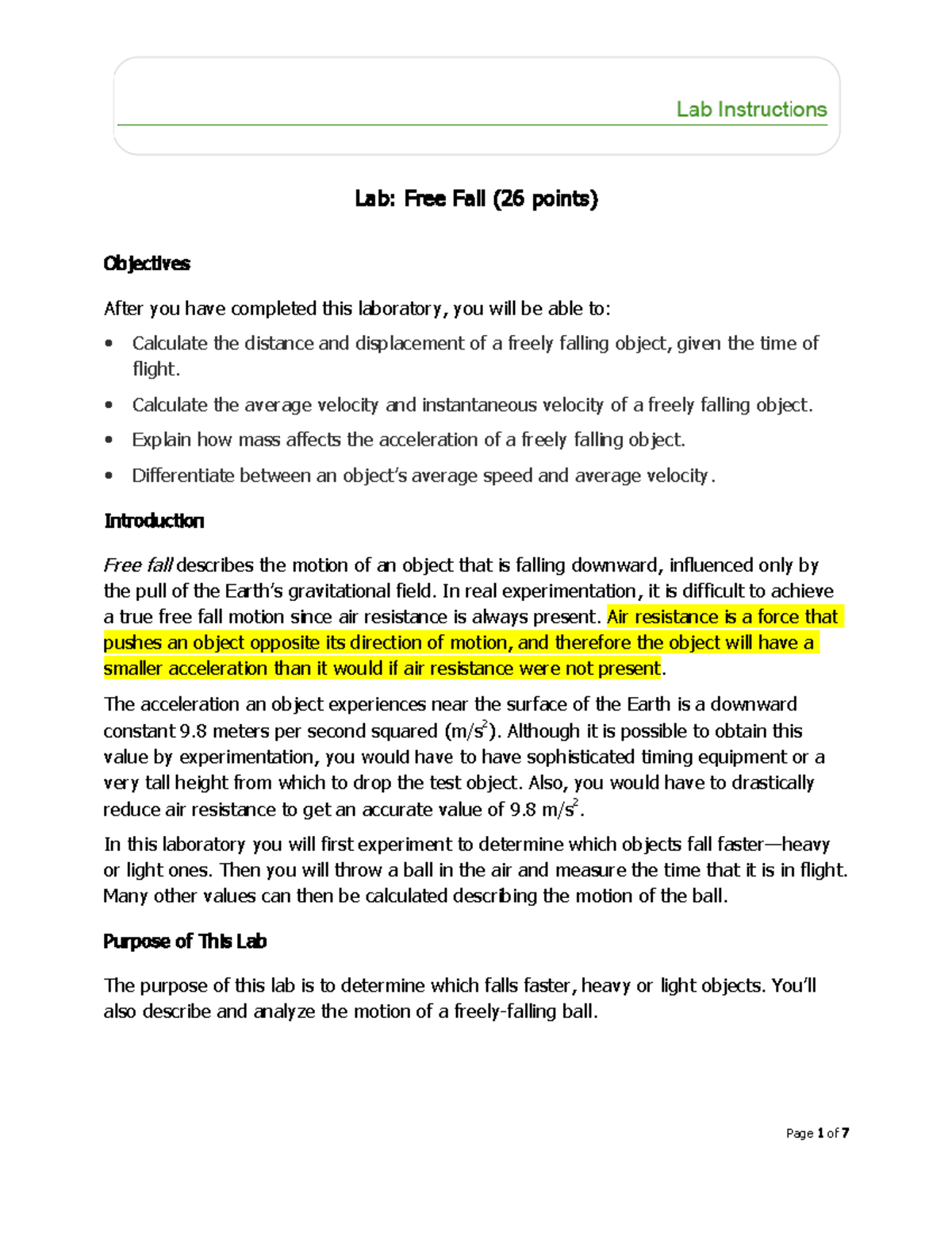 Lab on Free Fall Dynamics - PHYS 1 Final Exam Preparation - Studocu