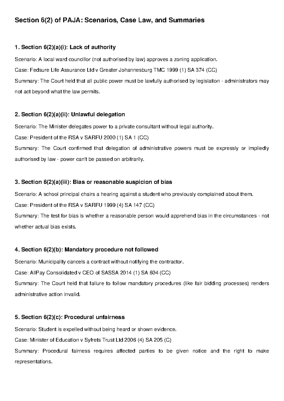 Section 6(2) PAJA: Case Scenarios and Legal Summaries - Studocu