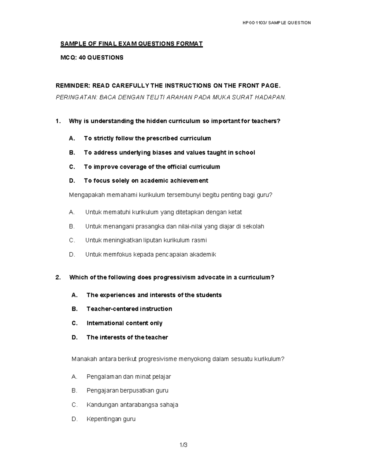MCQ Format for Final Exam: Sample Questions & Instructions - Studocu