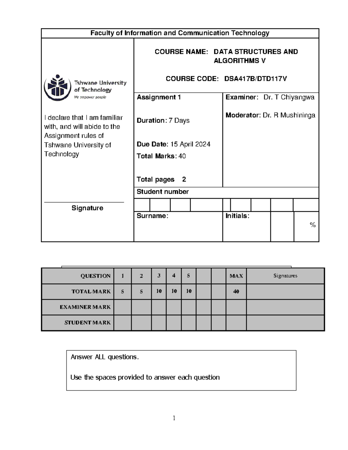 DTD117V Data Structures & Algorithms V - Assignment 1 - Studocu