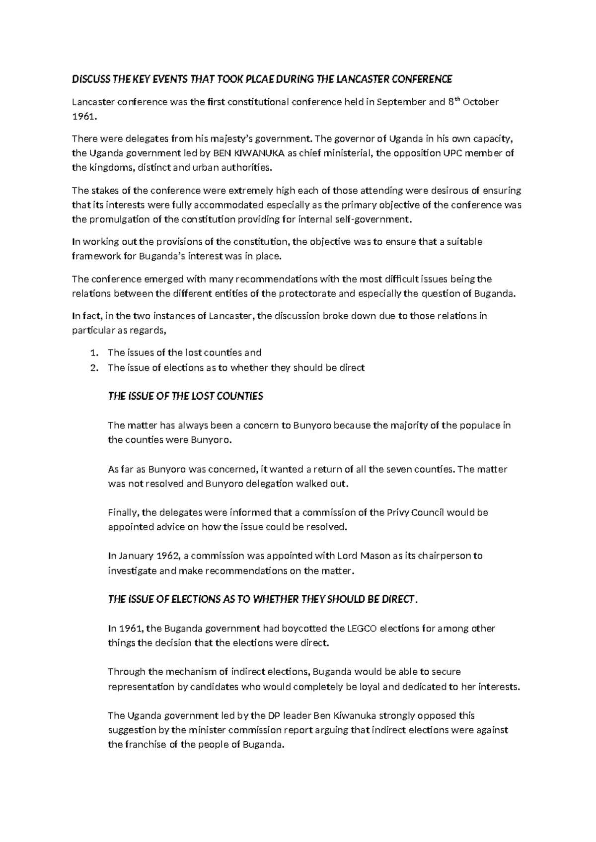 Key Events from the Lancaster Conference (1961) - Studocu