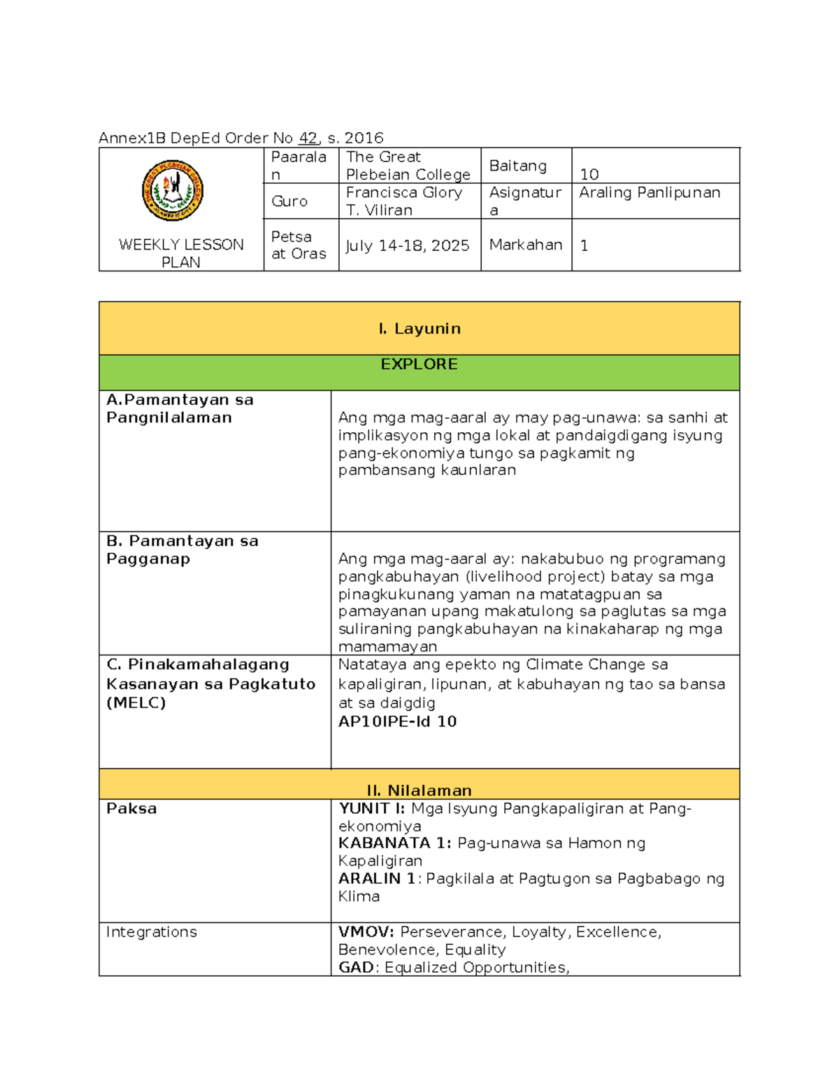 WLP5-Q1-AP10: Weekly Lesson Plan for Araling Panlipunan 1 - July 2025 ...