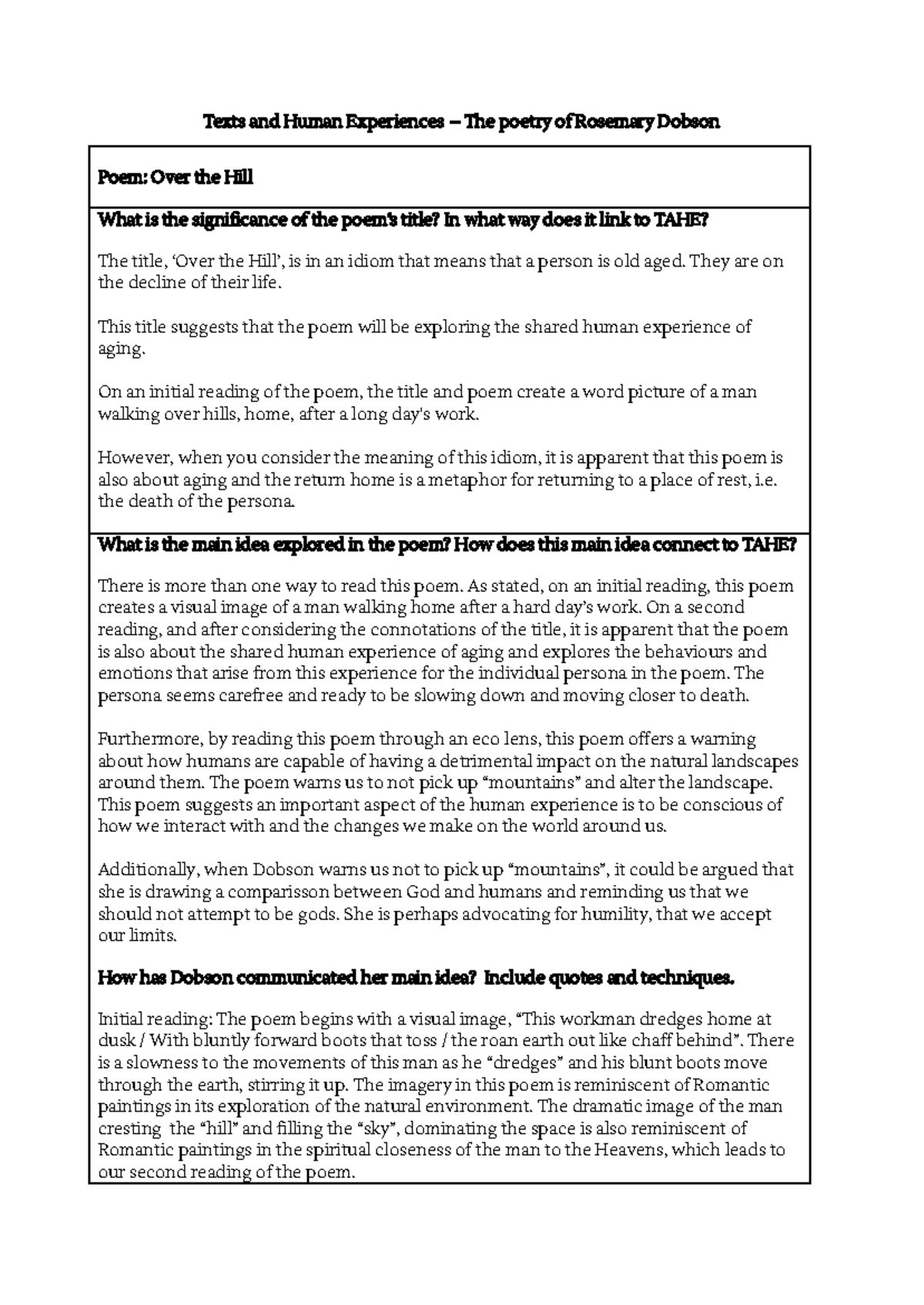 Texts and Human Experiences: Analyzing Rosemary Dobson's "Over the Hill ...