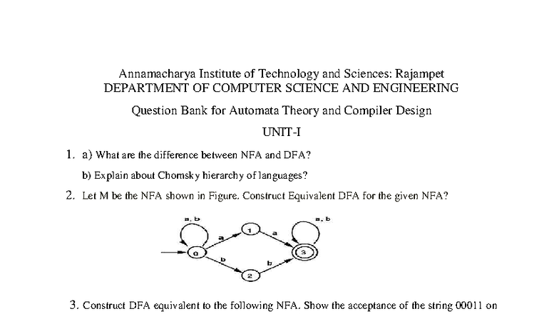 Automata Theory and Compiler Design Question Bank (CSE 101) - Studocu