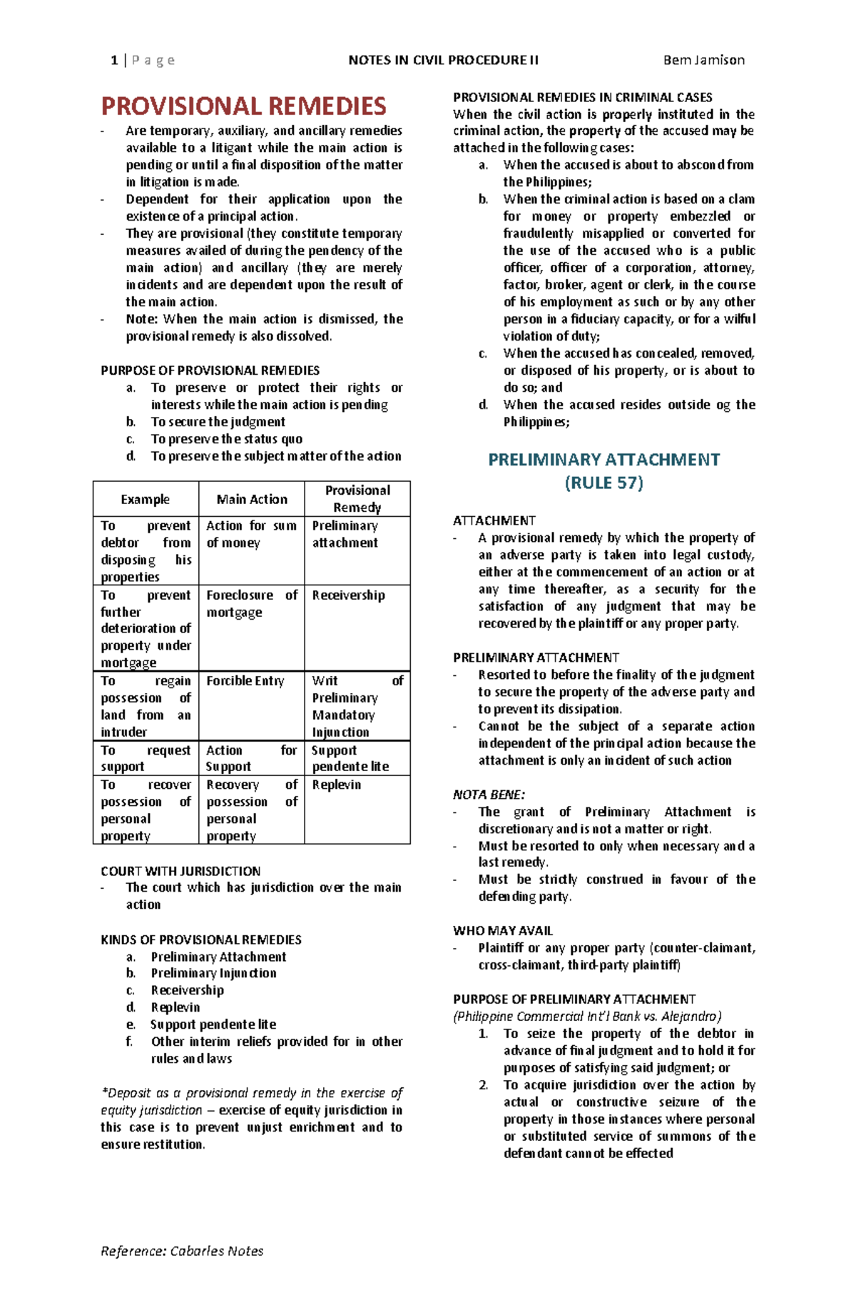 Civil Procedure II: Provisional Remedies & Preliminary Attachment Notes ...