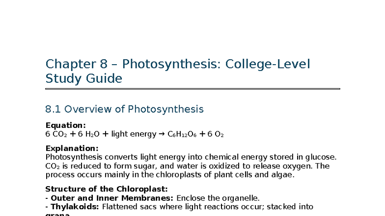 Photosynthesis Study Guide (Chapter 8) - Key Concepts & Processes - Studocu