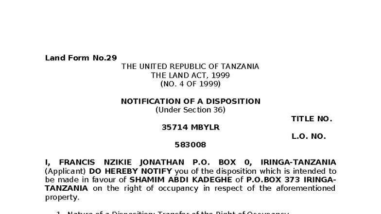 Notification of Disposition & Transfer Deed - Land Act (No. 4) - Studocu
