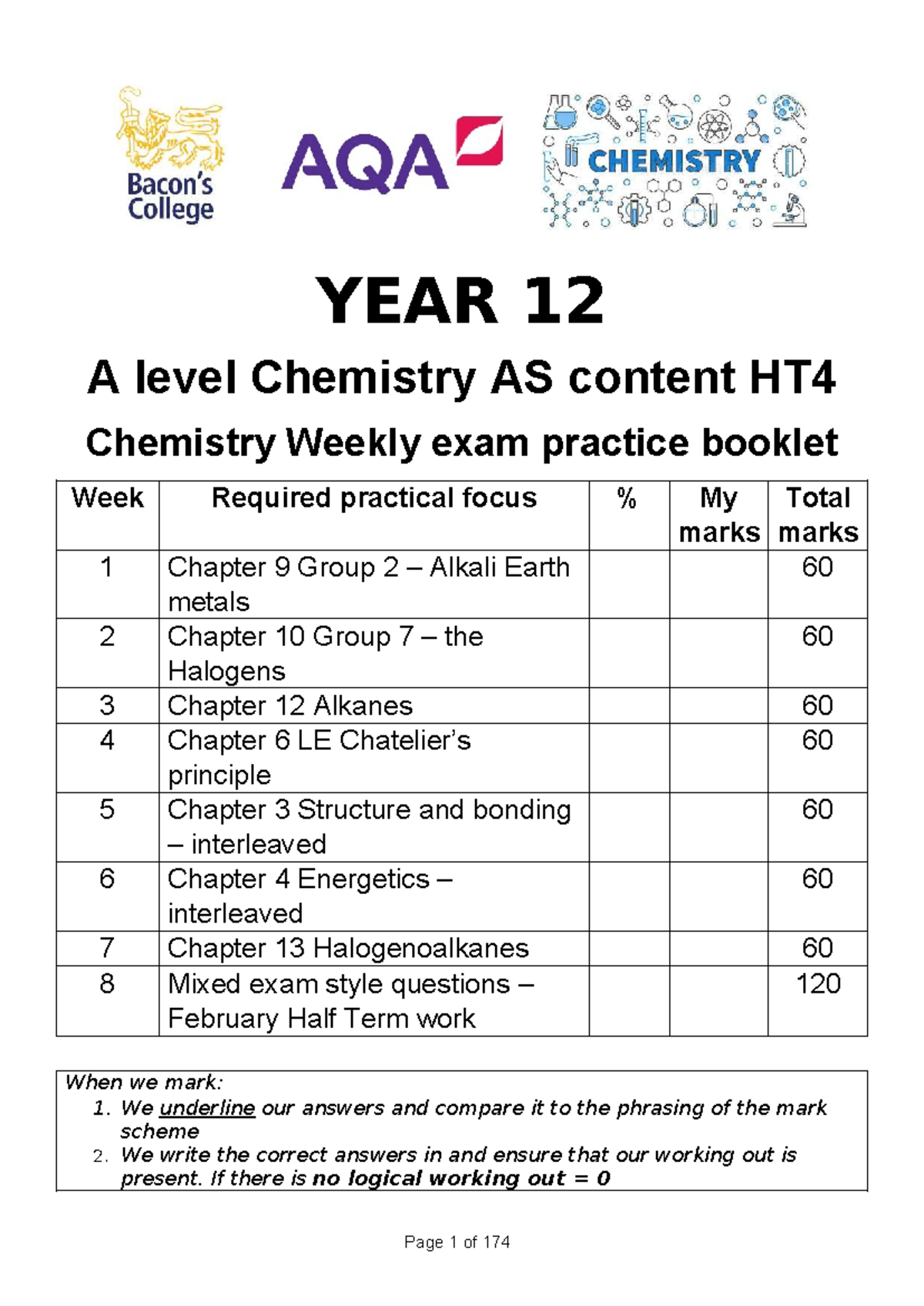 Year 12 A Level Chemistry AS Exam Practice HT4 Booklet with Mark Scheme ...