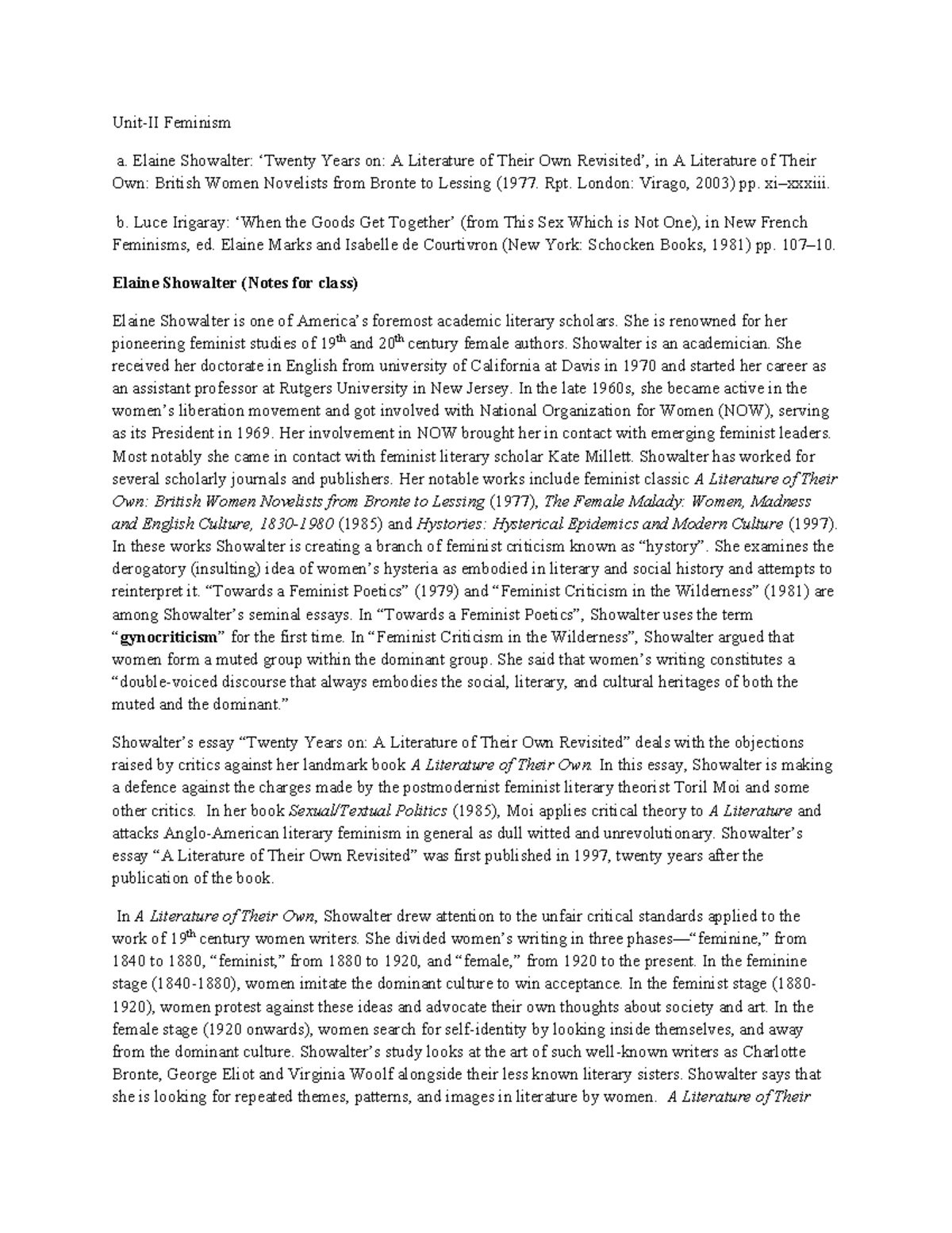 Elaine Showalter: Insights on Feminism and Literary Criticism - Studocu