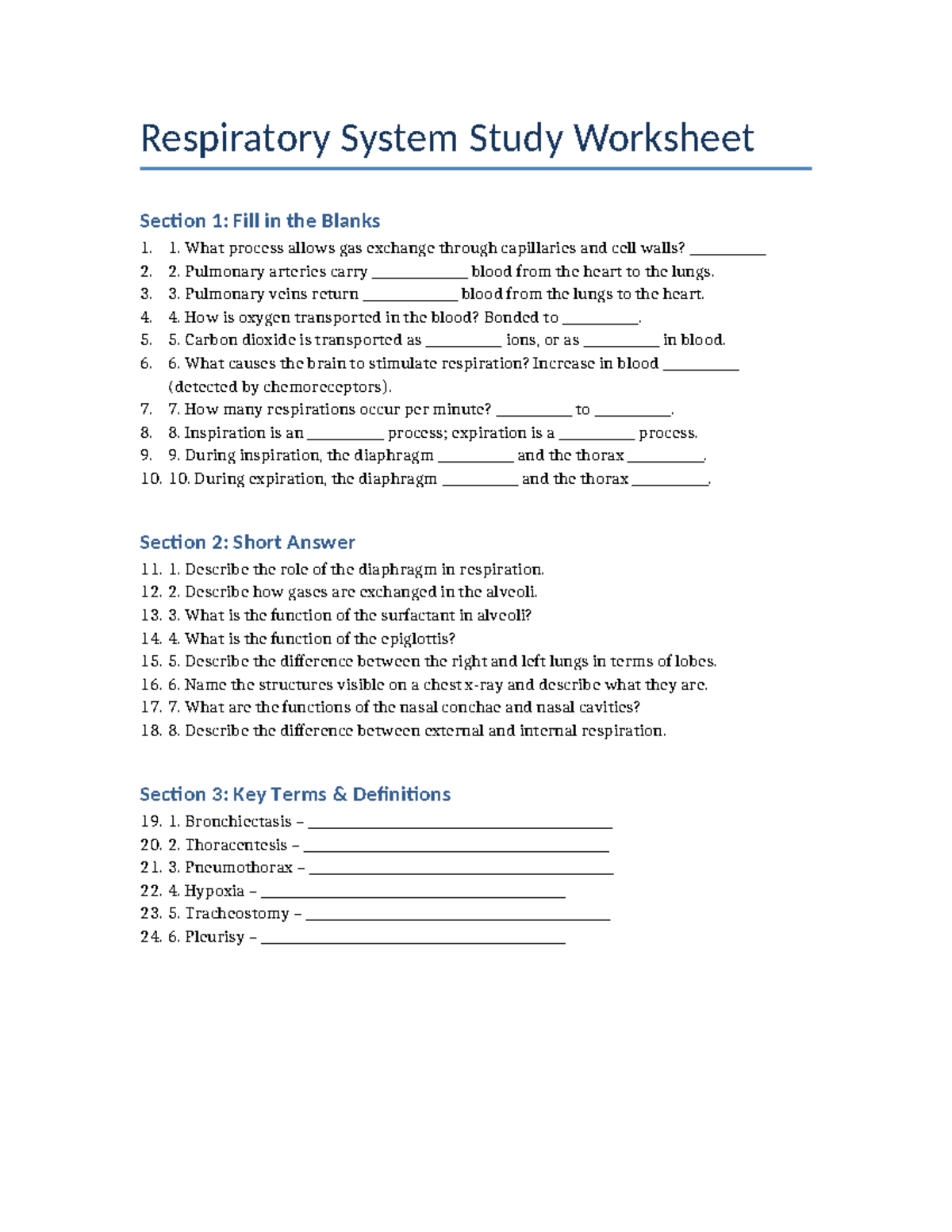 Respiratory System Study Worksheet: Key Concepts & Definitions - Studocu