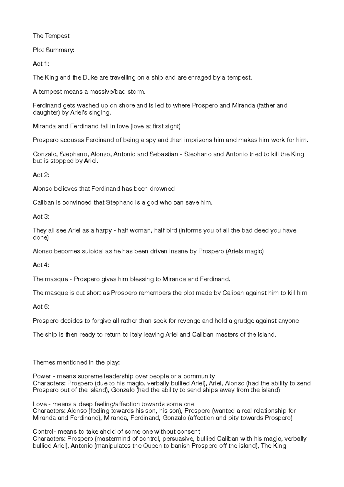The Tempest (ENG 101) Study Notes: Key Plot Points & Themes - Studocu