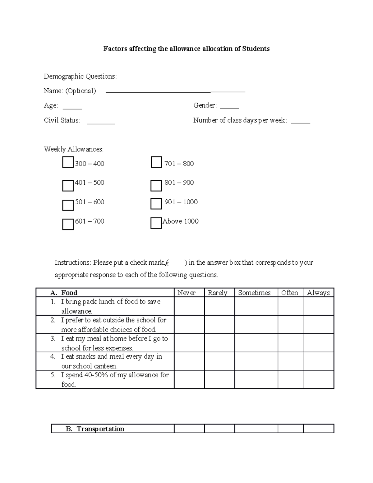 Factors Influencing Student Allowance Allocation Questionnaire - Studocu