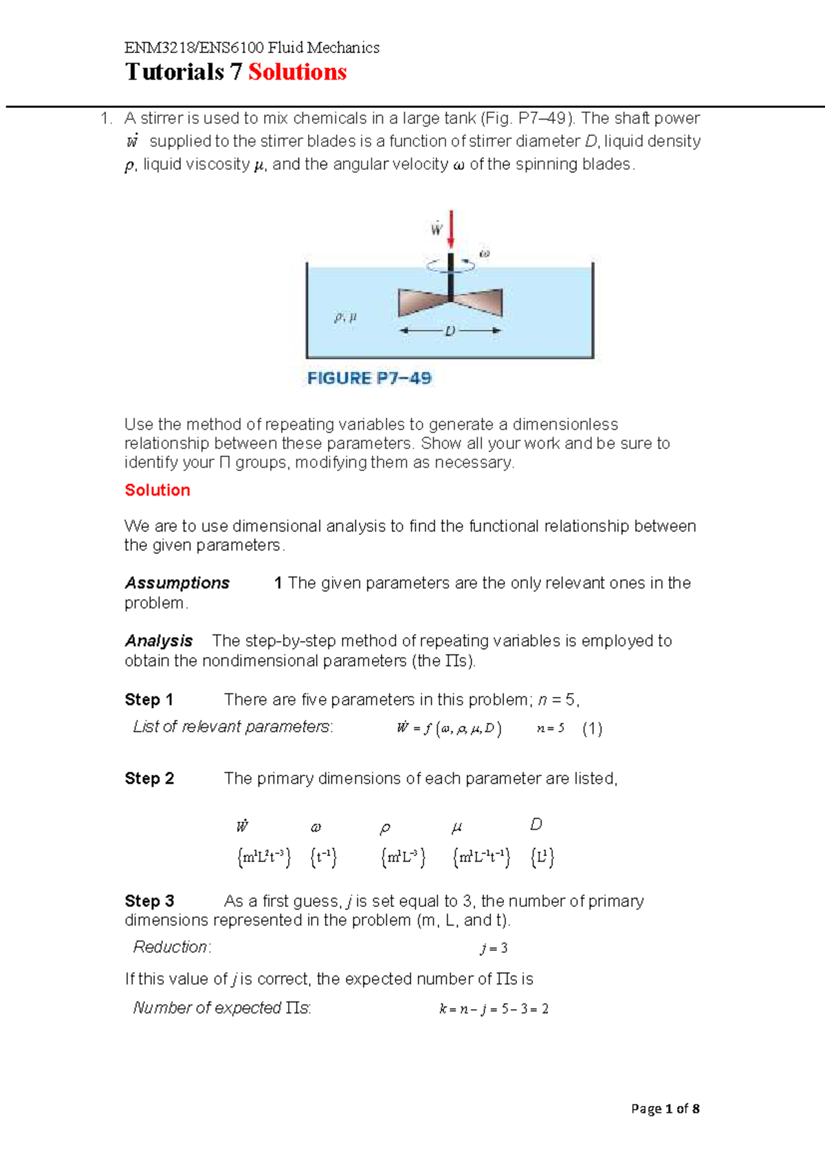 ENM3218/ENS6100 Fluid Mechanics Tutorials 7 Solutions: Stirrer ...
