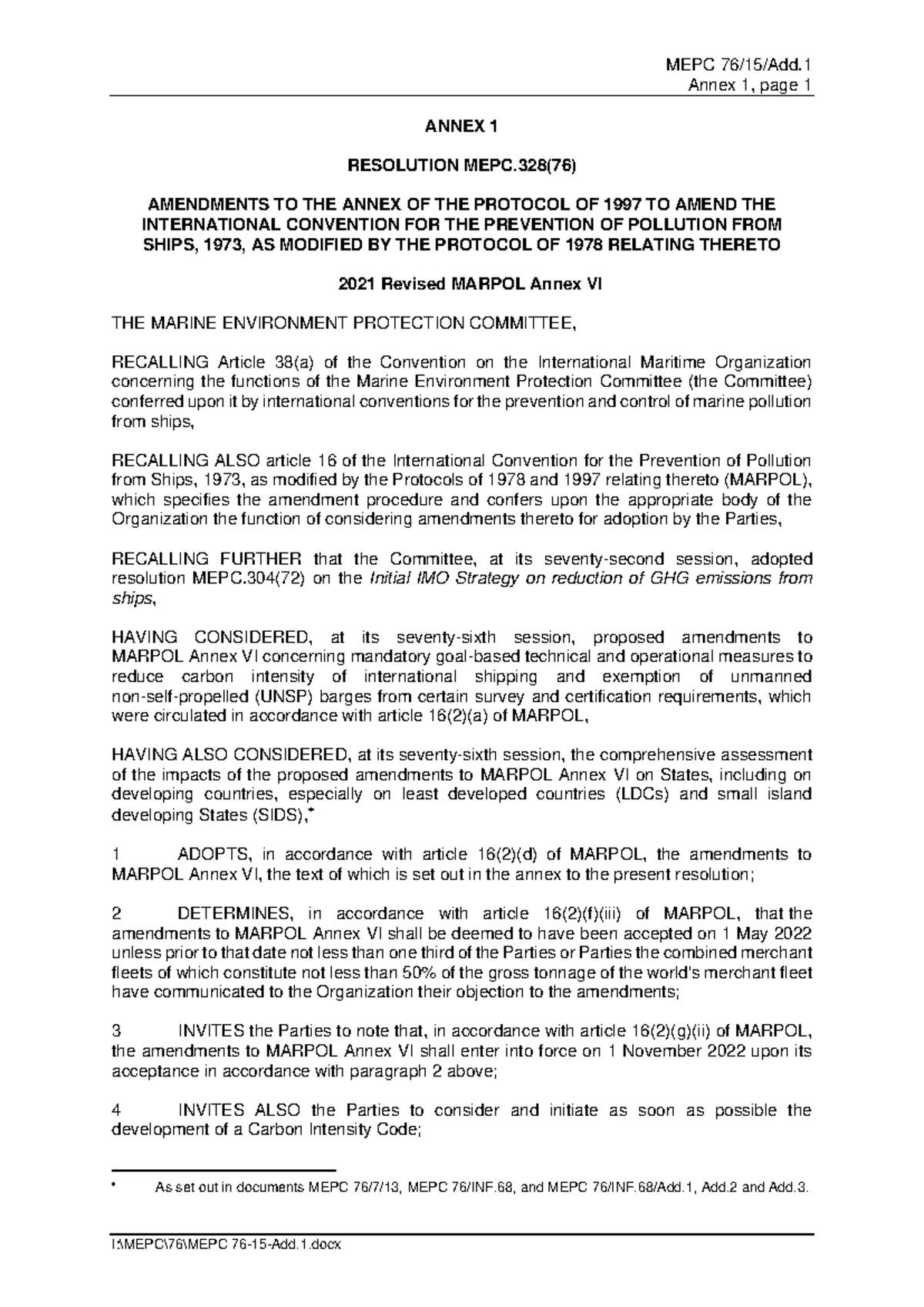 MEPC 76 Annex 1: Amendments to MARPOL Annex VI (2021) - Studocu