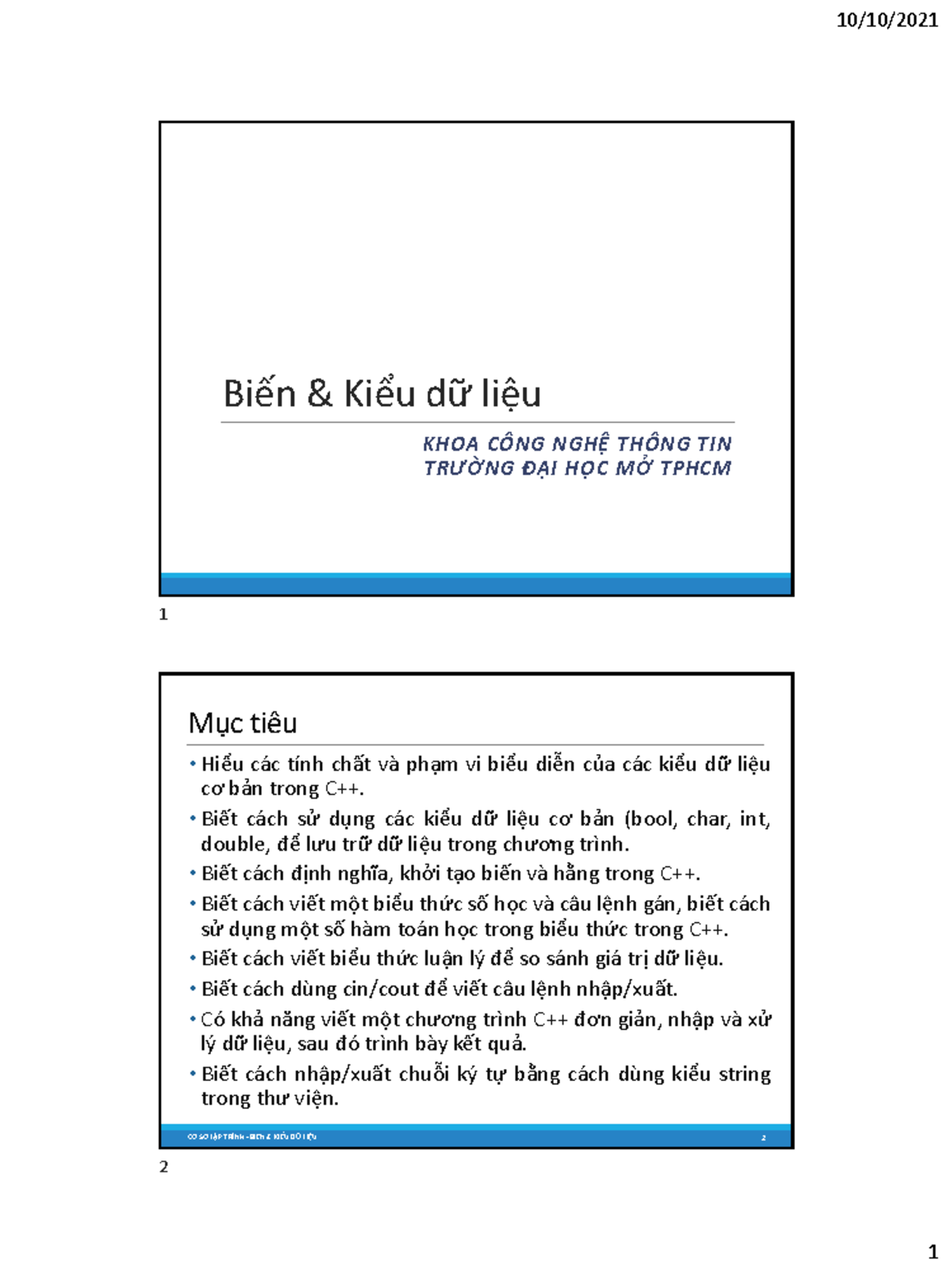 CSLT Ch2 2122 - no description - Biến & Kiểu dữ liệu KHOA CÔNG NGHỆ THÔNG TIN TRƯỜNG ĐẠI HỌC MỞ ...