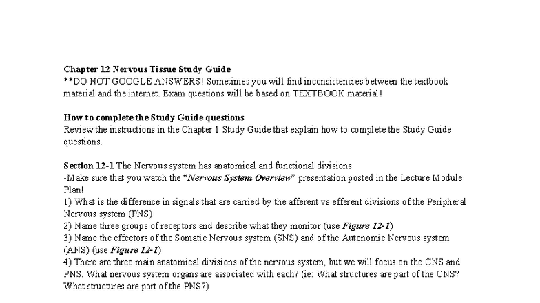 Nervous Tissue Study Guide: Key Concepts for Chapter 12 - Studocu