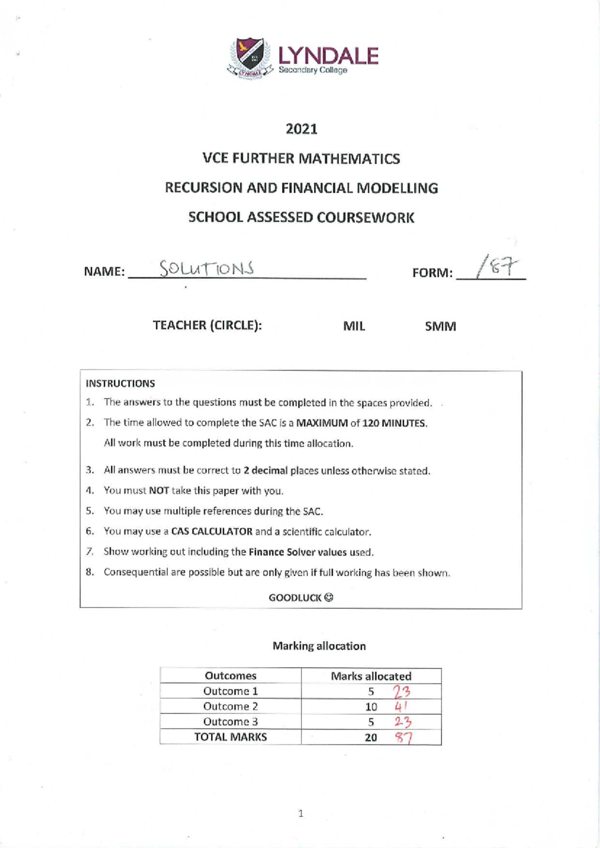 2021 COC 55 VCE Further Mathematics SAC 2 Solutions: Recursion ...