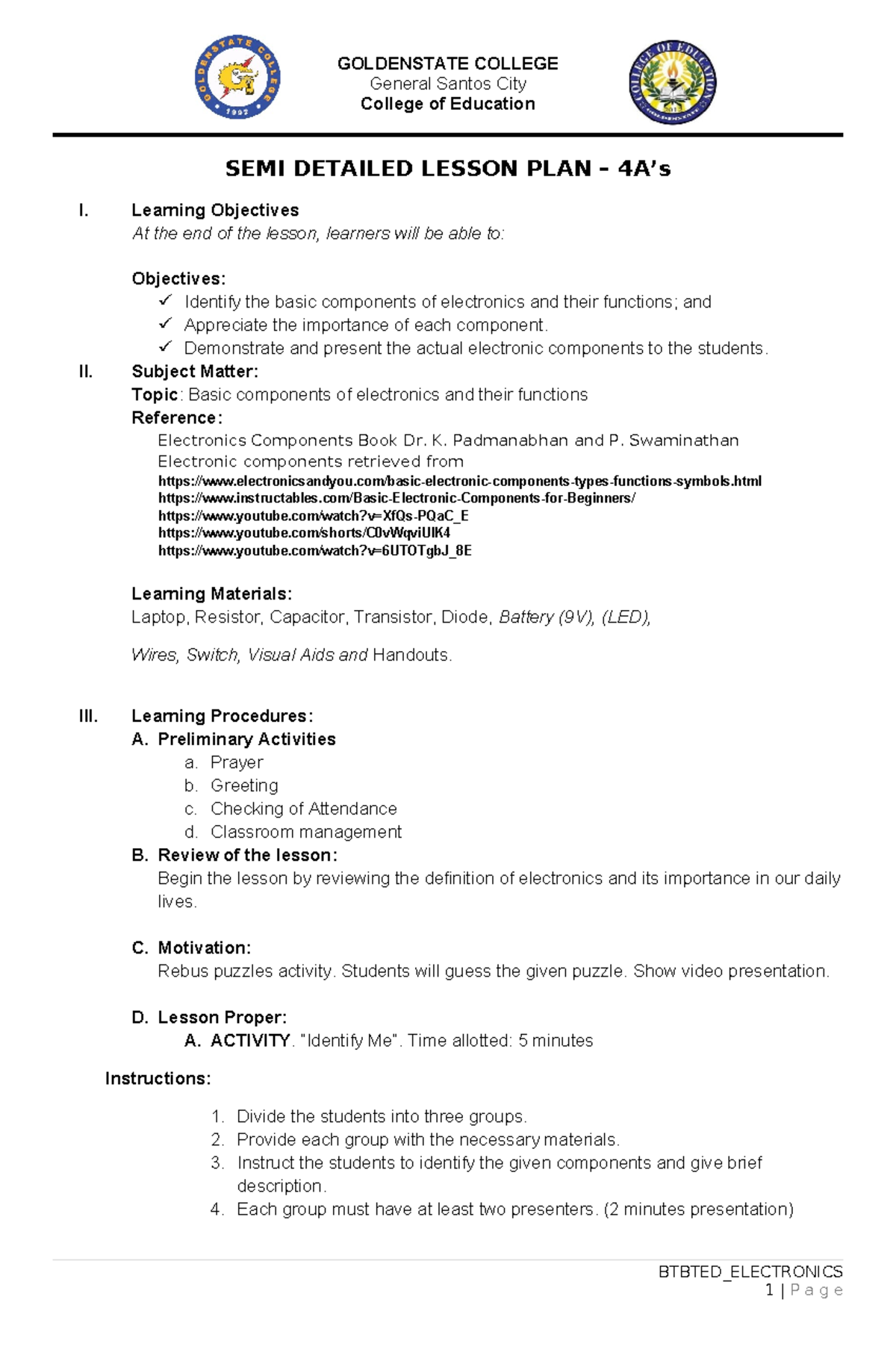 BTBTED_ELECTRONICS Semi-Detailed Lesson Plan on Basic Electronic ...