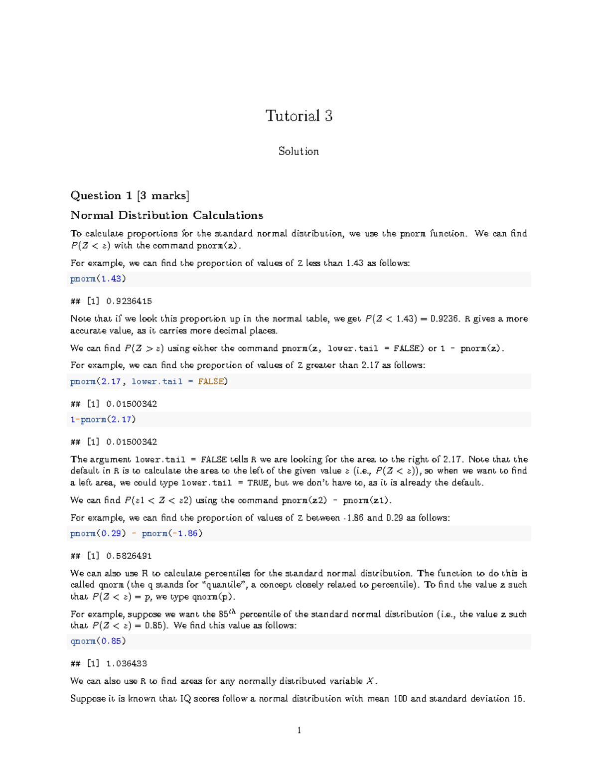 STAT 1000 Tutorial 3: Normal Distribution Calculations - Studocu