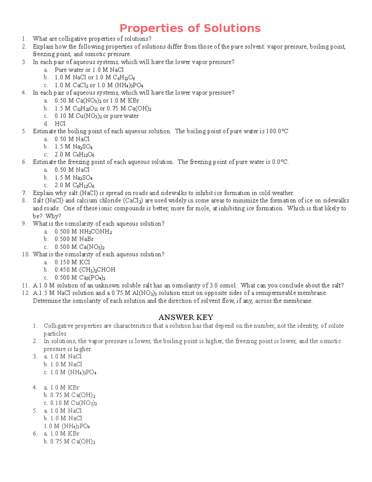 Properties of Solutions Worksheet - Section 9.4 Practice Questions ...