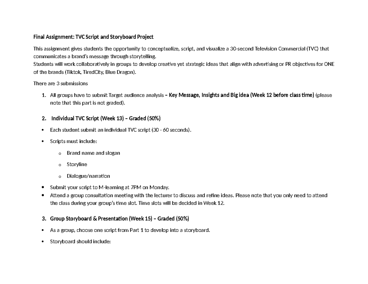 Final Assignment: TVC Script & Storyboard Project (Cin C) - Studocu
