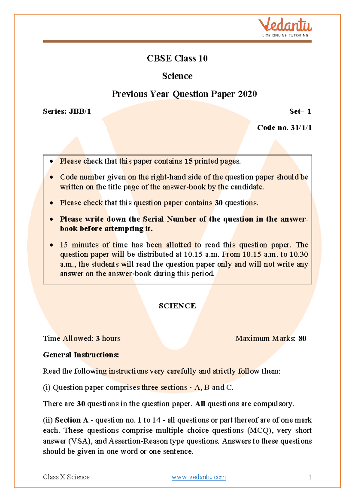 CBSE Class 10 Science Previous Year Question Paper 2020 Series 1 - Studocu