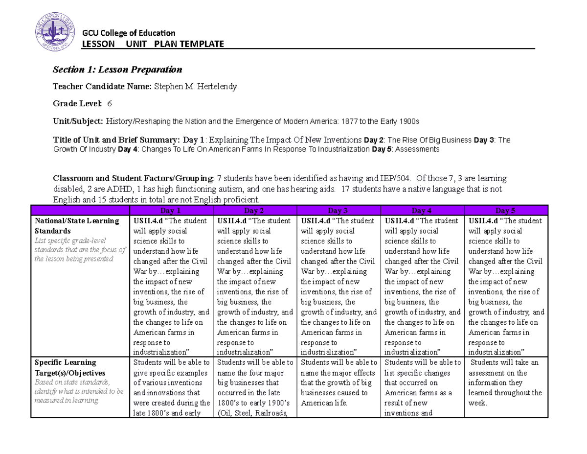 Benchmark - Social Studies Unit Plan: Impact of Inventions on Society ...