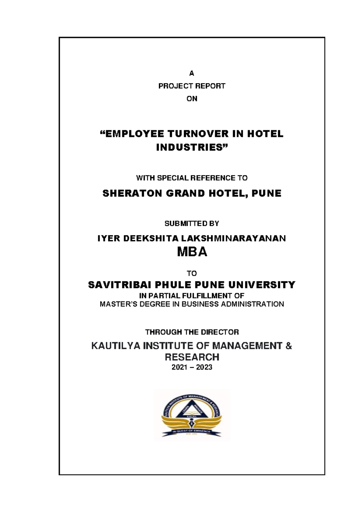 MBA Project Report on Employee Turnover at Sheraton Grand Hotel - Studocu