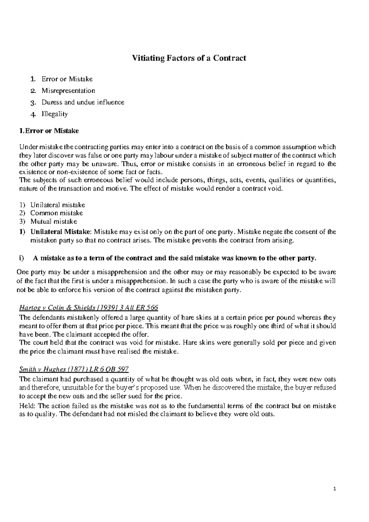 Contract Law IV - Vitiating Factors: Understanding Mistakes and ...
