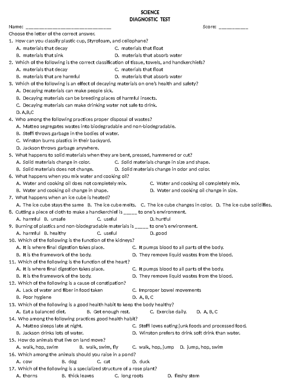 PRE-TEST Science 4 - TEST - SCIENCE DIAGNOSTIC TEST Name
